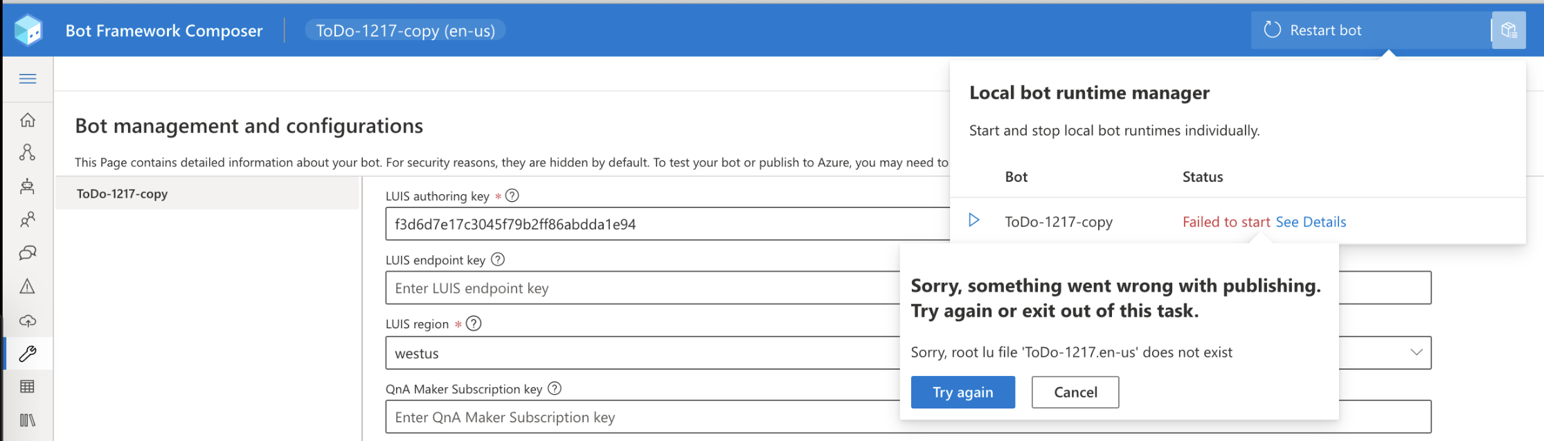 When you have a bot with child dialogs (and child LUIS apps), "Save As" reuses the LUIS apps for ...