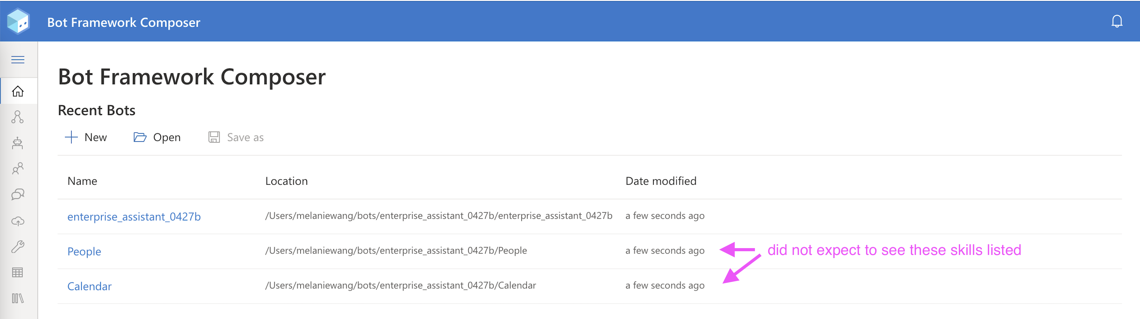 Home page: MRU should not list bots that were created or opened as part of a multi-bot project ...