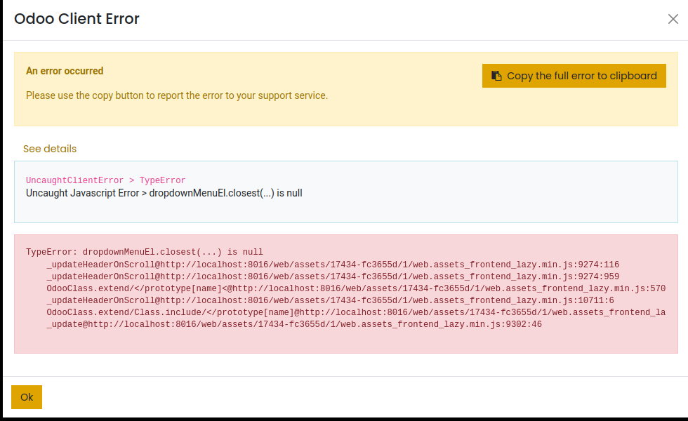 Uncaught Javascript Error > dropdownMenuEl.closest(...) is null · Issue #125519 · odoo/odoo · GitHub