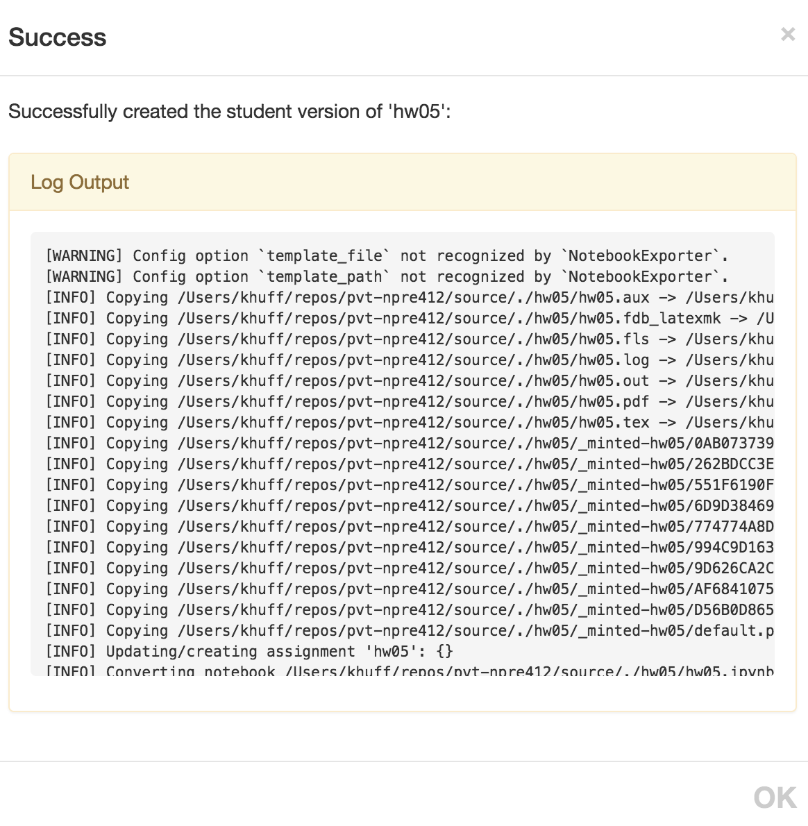 log mismatch with success message on generate. · Issue #829 · jupyter/nbgrader · GitHub