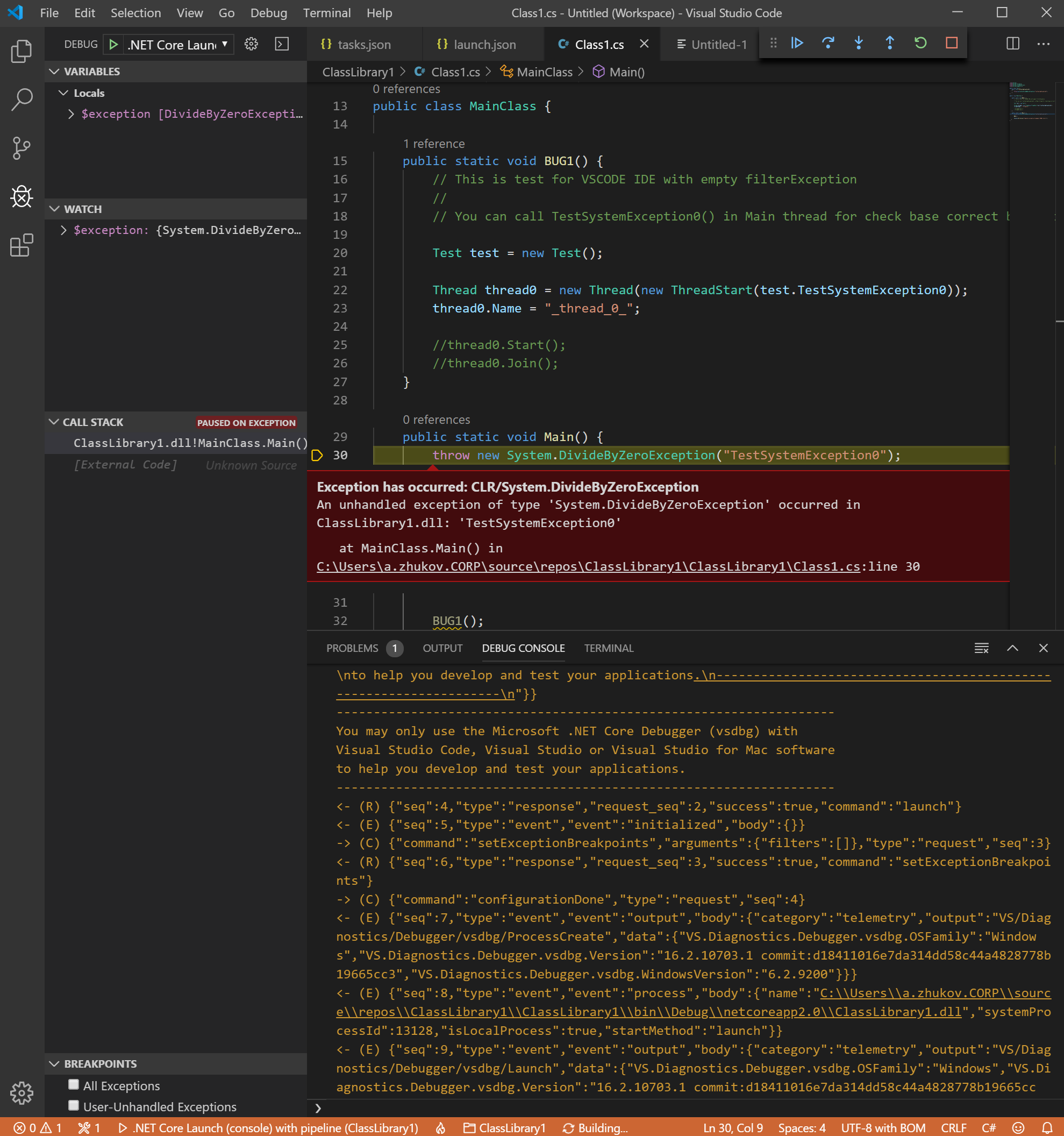 Lost Exception Breakpoints For Multi Thread Managed Code · Issue 3369 · Dotnetvscode Csharp