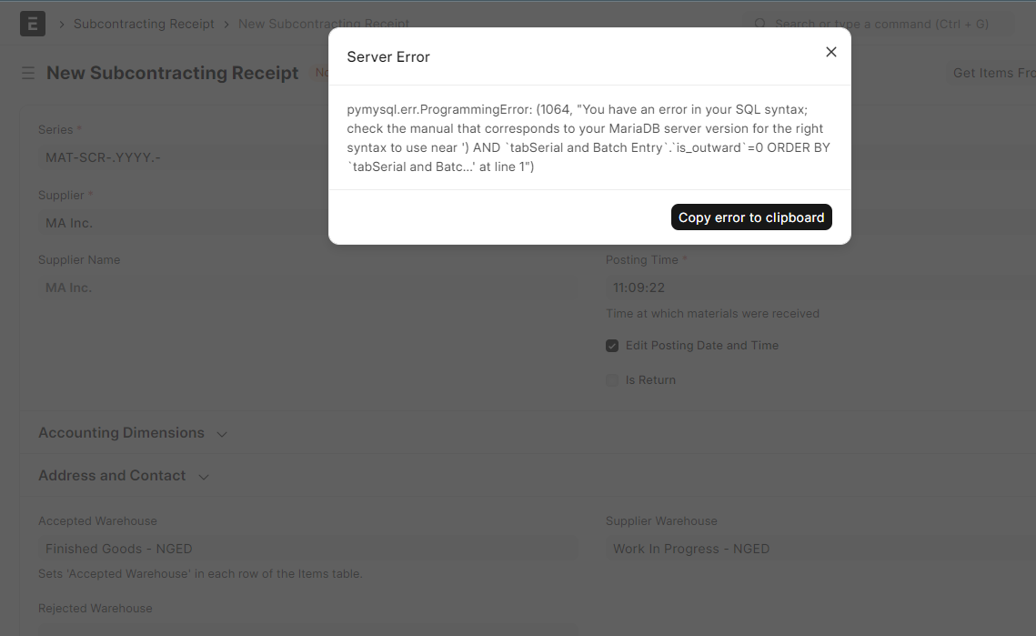 New Subcontract Receipt Returns a SQL Syntax Error · Issue #38232 · frappe/erpnext · GitHub