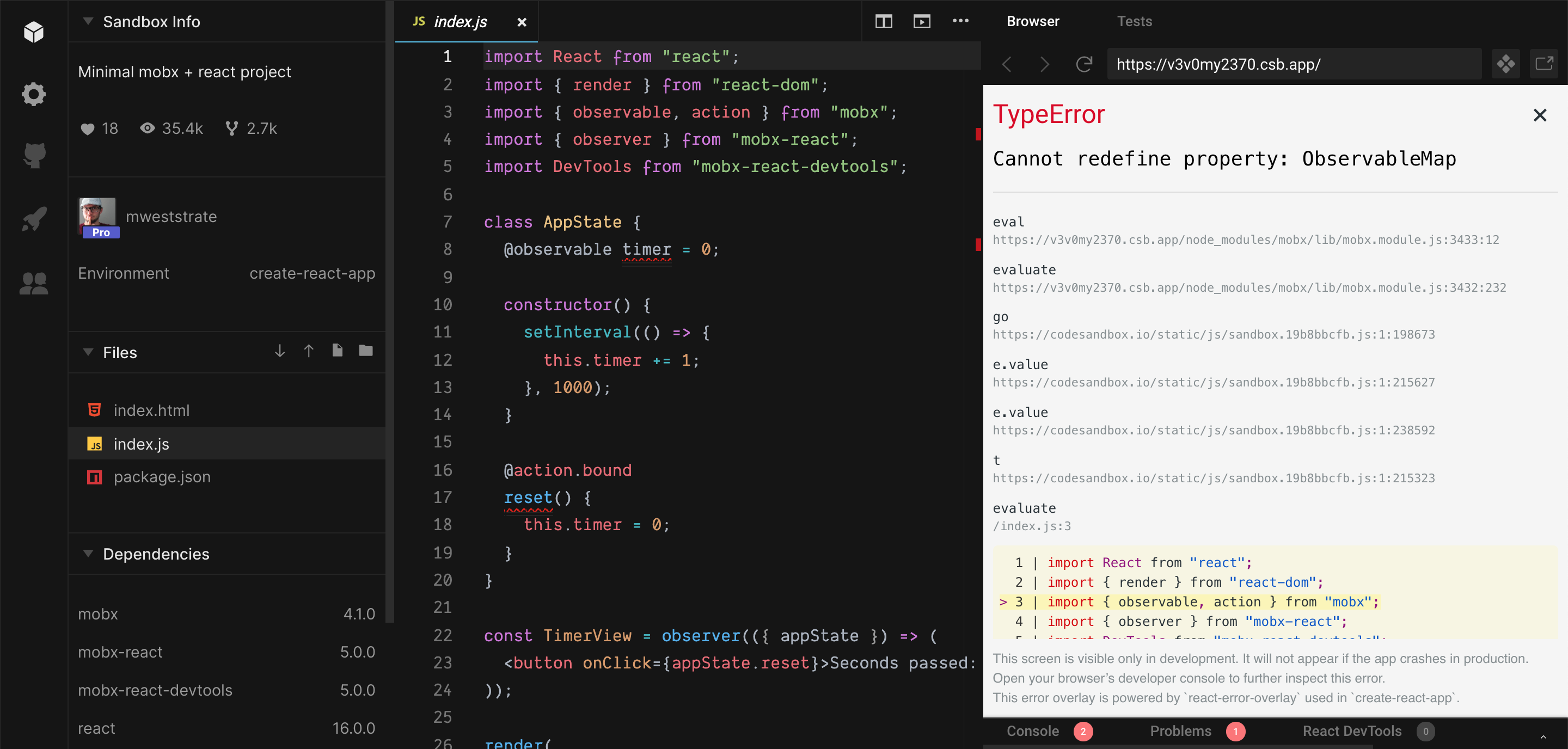 Codesandbox example broken · Issue #2365 · mobxjs/mobx · GitHub