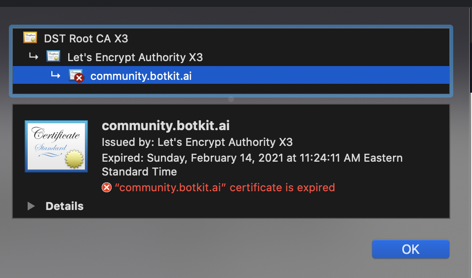 Website Certificate Expired · Issue #2061 · howdyai/botkit · GitHub
