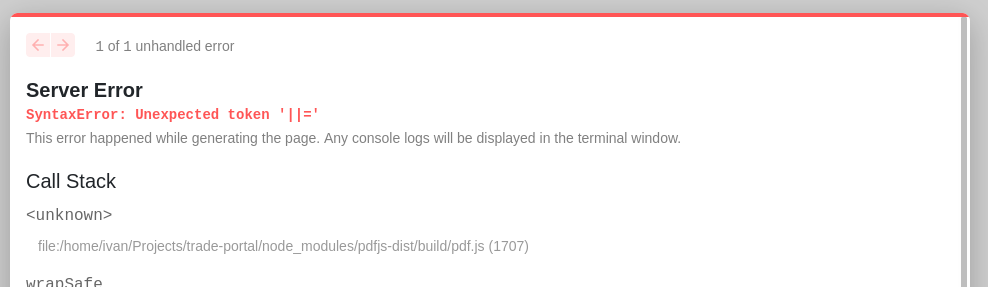 react-pdf-viewer and pdfjs-dist unexpected token '||=' · vercel next.js · Discussion #35916 · GitHub