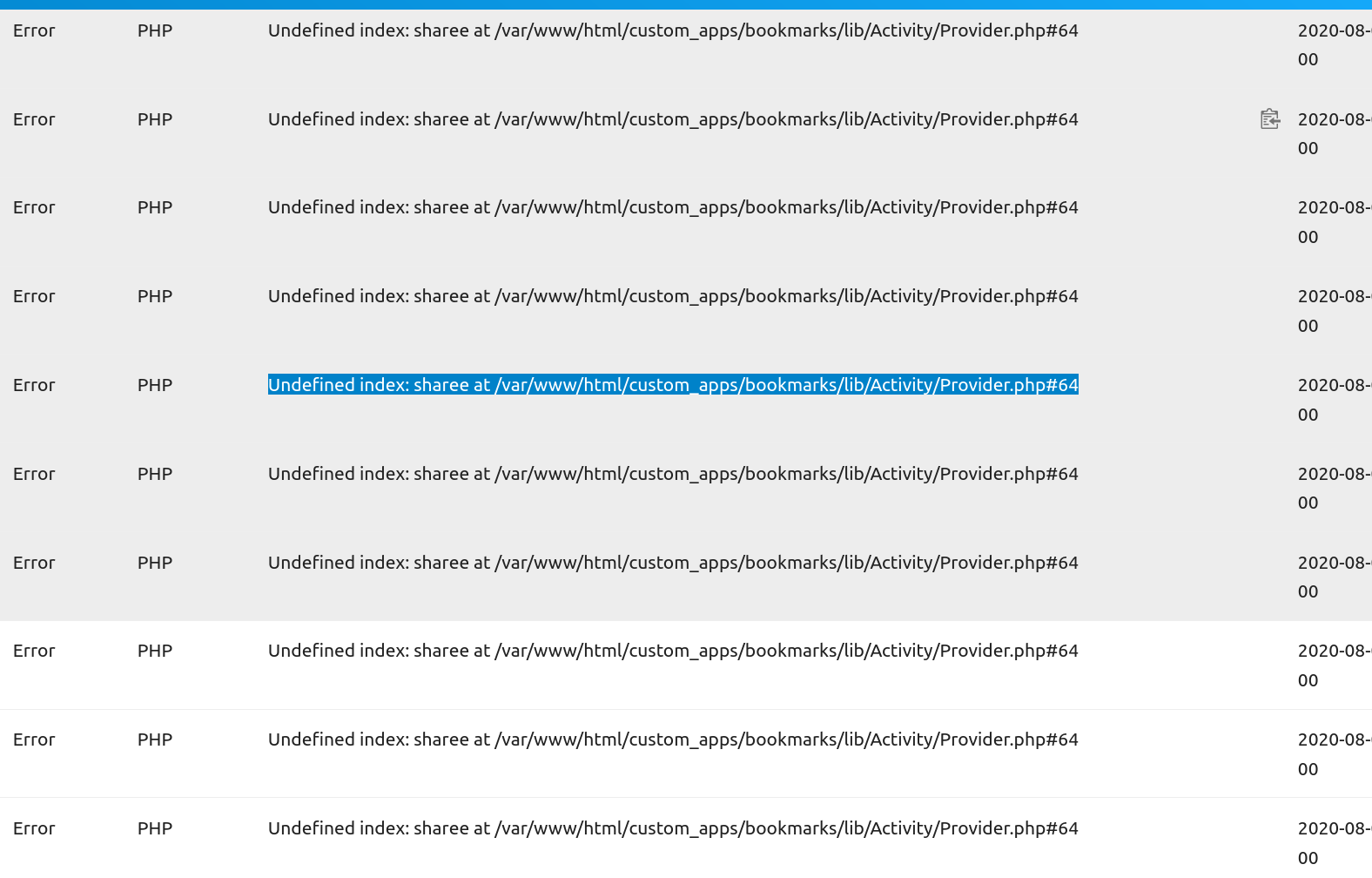 Receiving log flood of Undefined Index errors · Issue #1143 · nextcloud/bookmarks · GitHub
