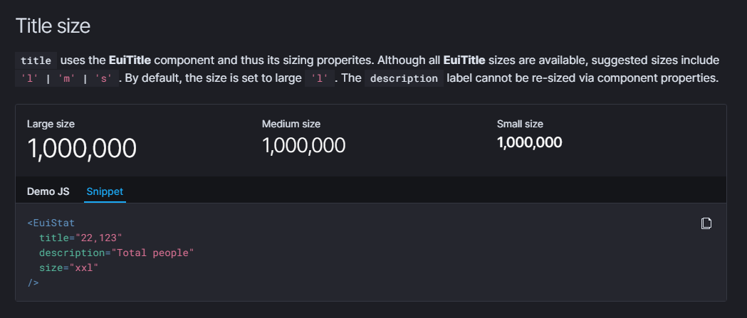 [Docs] [EuiStat] Incorrect reference to `size` property in example, should be `titleSize ...