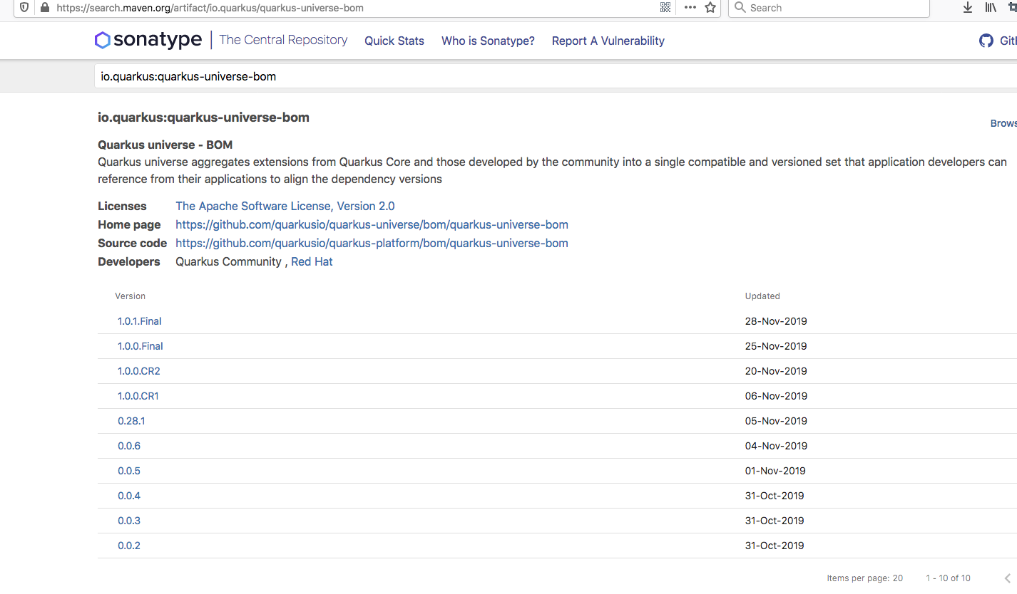 io.quarkus:quarkus-universe-bom:1.1.0.CR1 Not Released on Maven Central ...