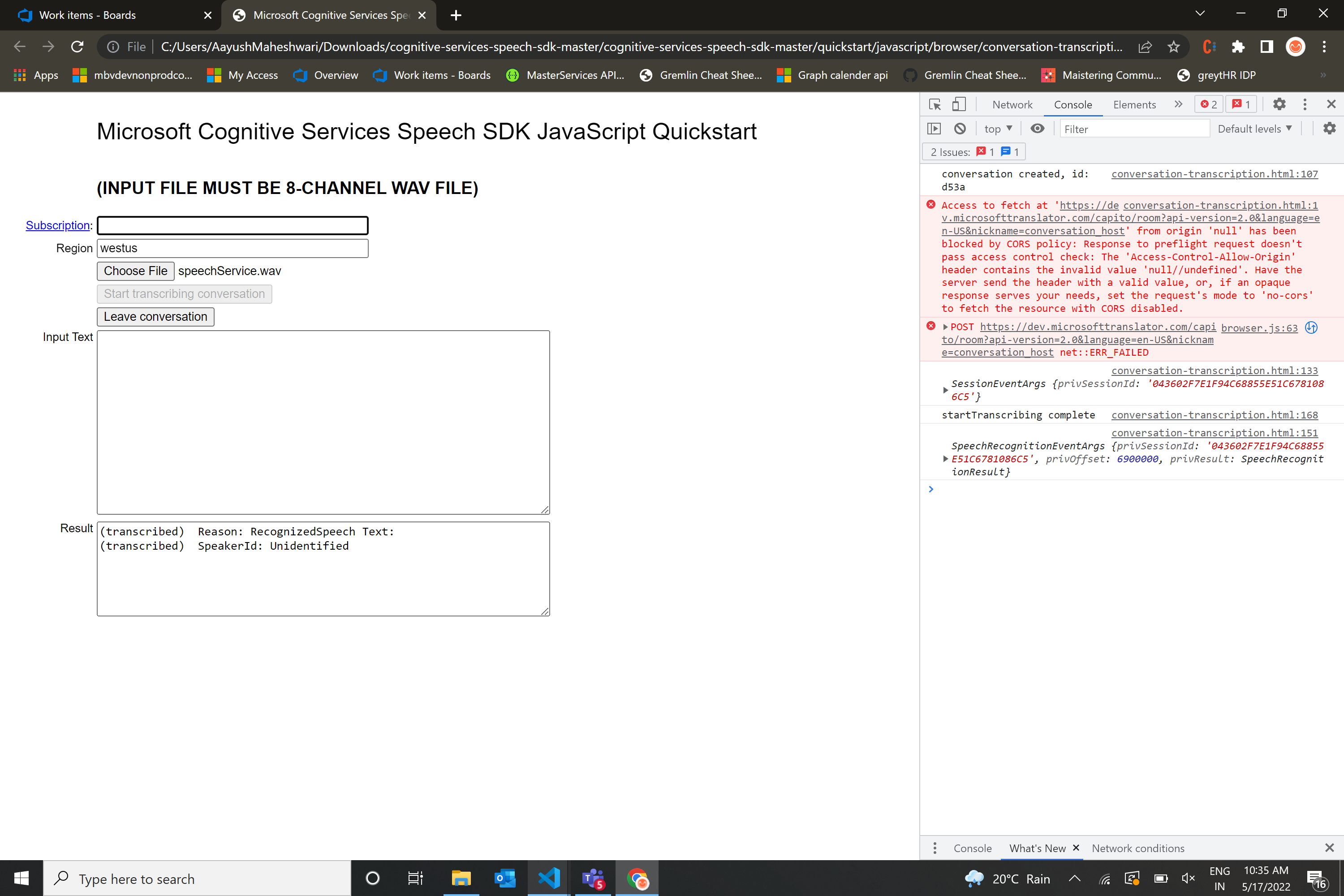 Returning unIdentifield speakerId and null transcribed text in conversation transcription sample ...