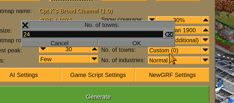 [bug] Custom Town Count Does Not Display Correctly On Play Heightmap · Issue 11367 · Openttd