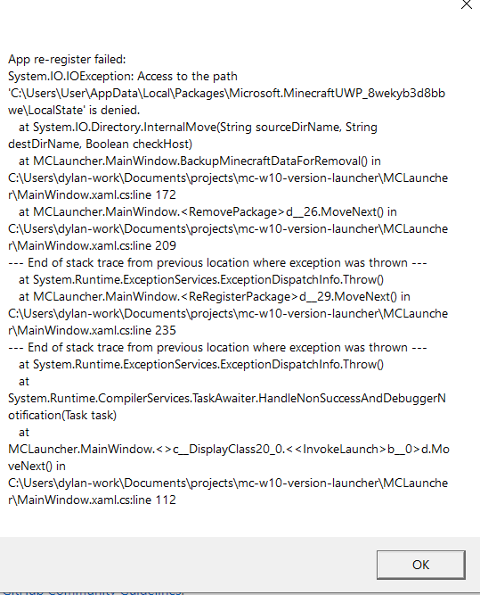 App Reregister failed · Issue #91 · MCMrARM/mc-w10-version-launcher · GitHub