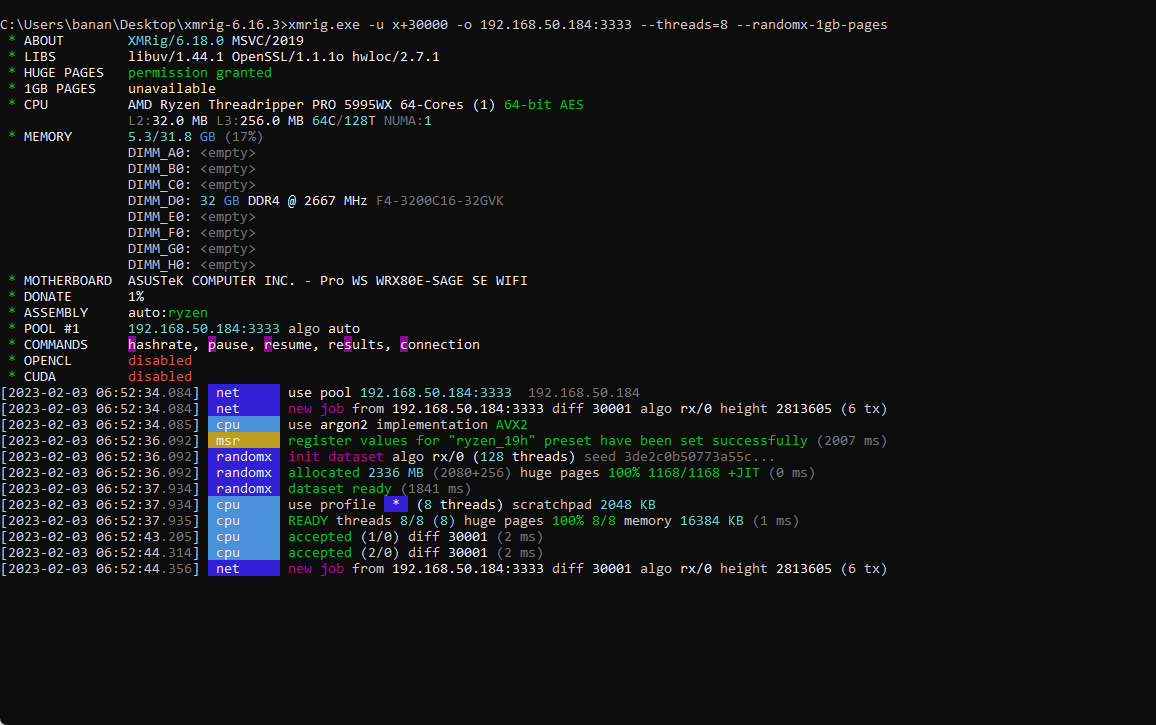 AMD Threadripper PRO 5995WX 64-cores, with huge pages, 1gb pages and 64 threads only mining at ...