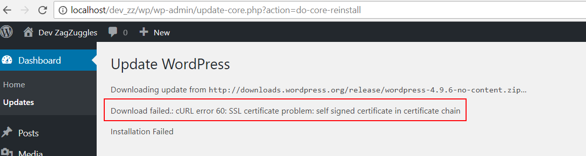 Installation Failed Download Failed CURL Error 60 SSL Certificate 