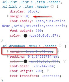 [Dropdown] When in nested a list, header is not spaced correctly ...