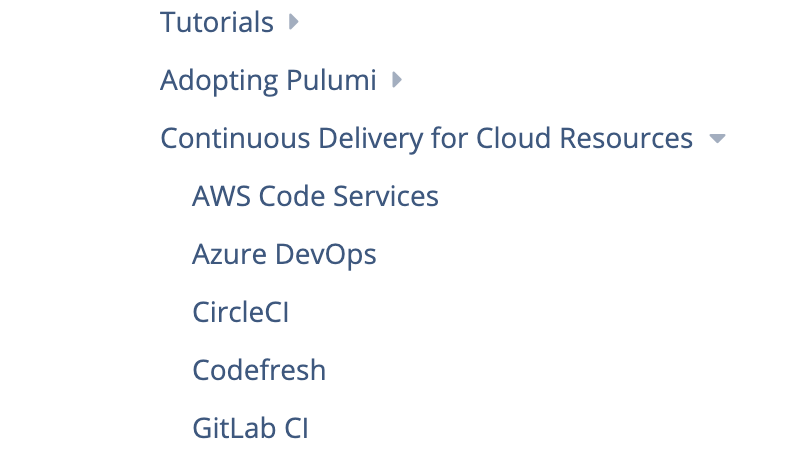 Shorten "Continuous Delivery for Cloud Resources" ToC · Issue #2912 · pulumi/docs · GitHub