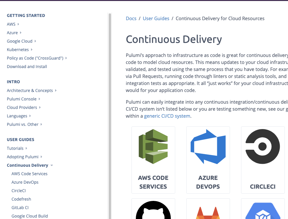 Shorten "Continuous Delivery for Cloud Resources" ToC · Issue #2912 · pulumi/docs · GitHub