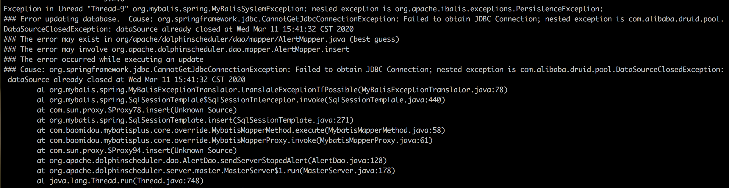 [BUG] The master and worker server exit exception · Issue #2163 · apache/dolphinscheduler · GitHub