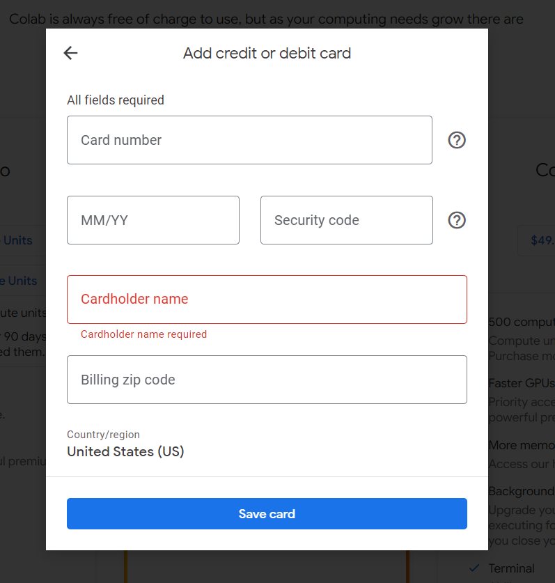 Cannot change the purchase location when linking the debit card to colab pro · Issue #3710 ...