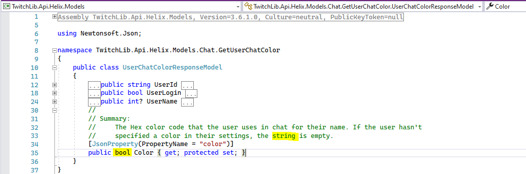 Property Color of UserChatColorResponseModel is bool, it should be string · Issue #290 ...