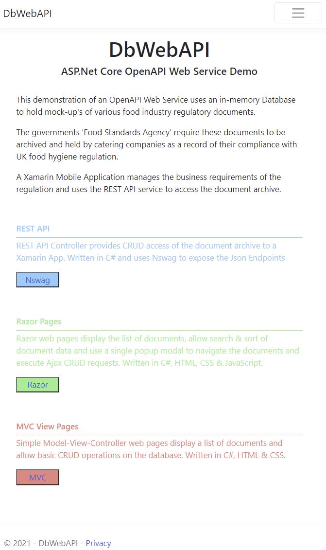 GitHub - daveymcd/DbWebAPI: ASP.Net Core Web Service Demo