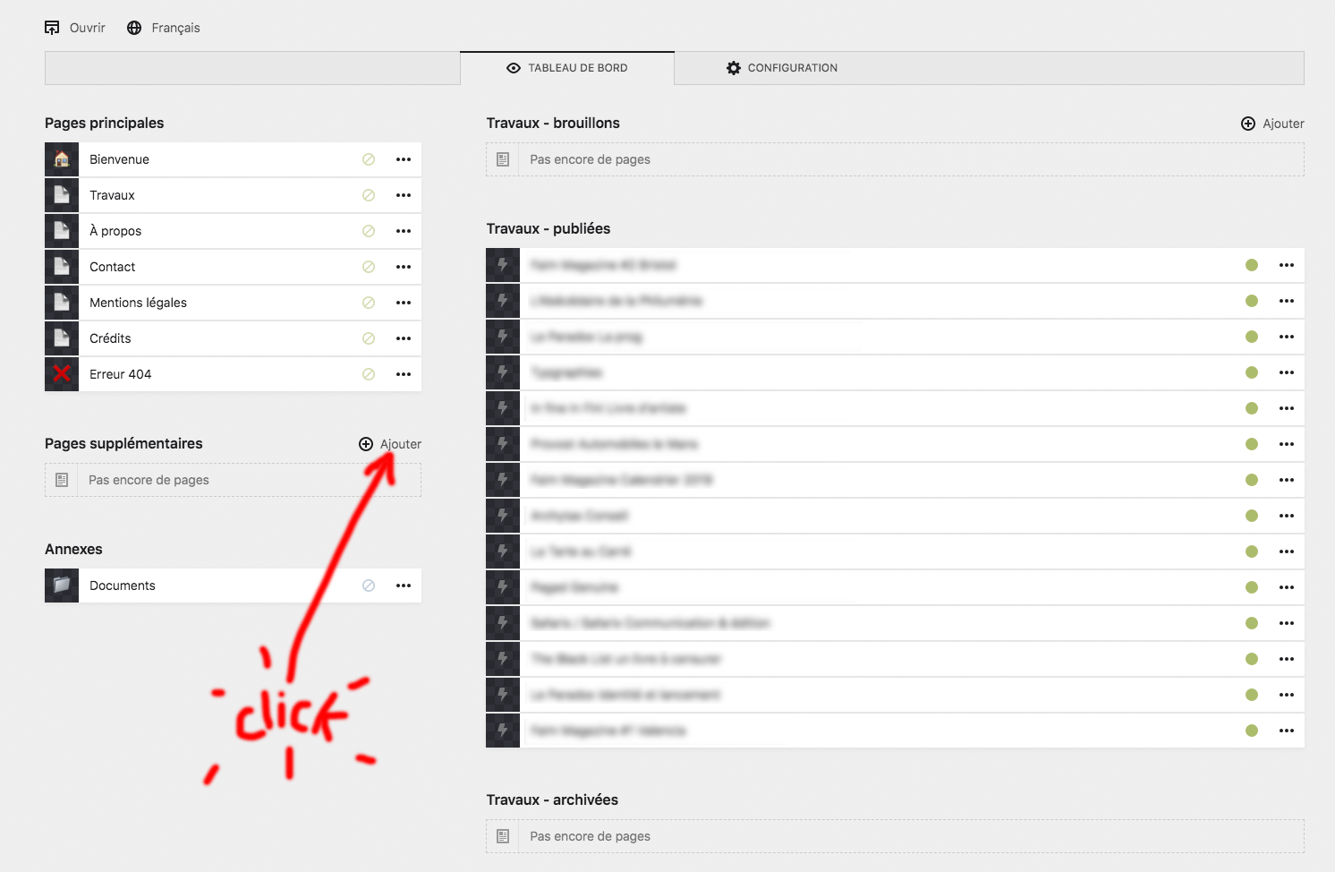 Modal page creation appear under a page section with a sticky column ...