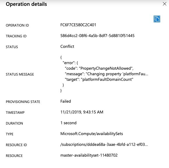 Upgrade older cluster fails with error "Changing property 'platformFaultDomainCount' is not ...