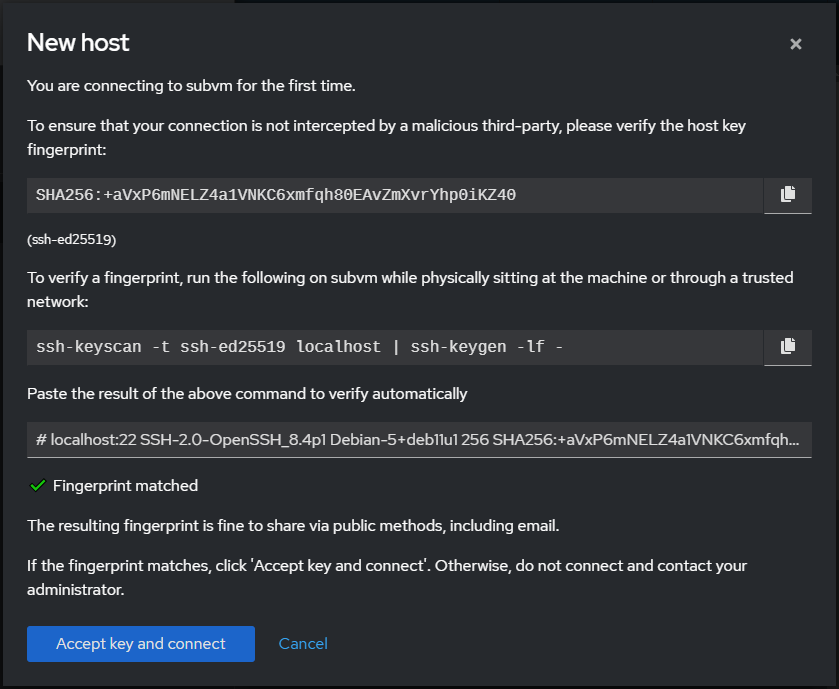 New host key confirmation should have an entry to confirm the results ...