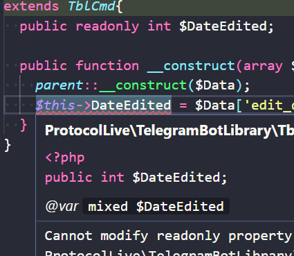 Readonly property issue · Issue #2390 · bmewburn/vscode-intelephense · GitHub