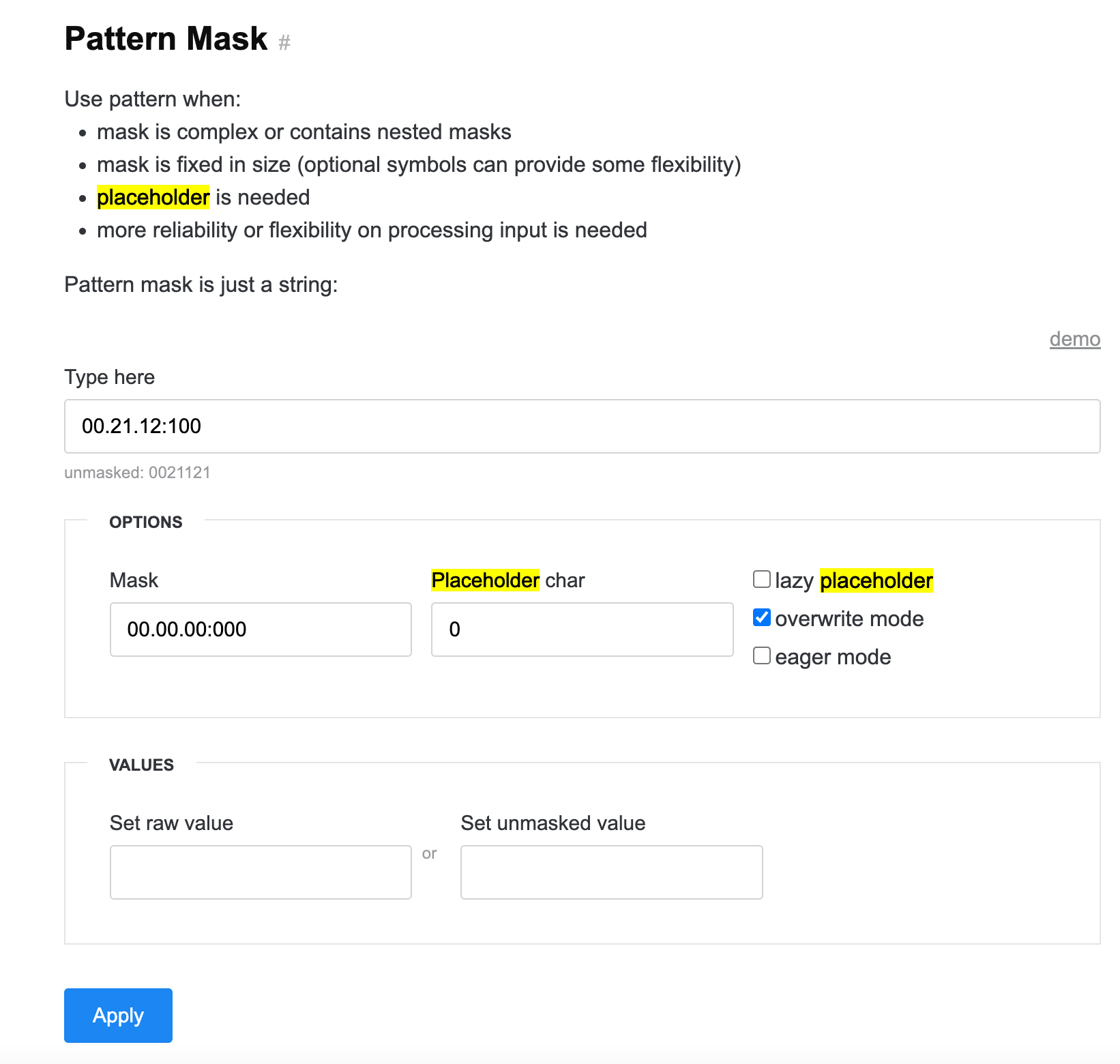 react-imask: placeholderChar does not seem to work the same as in the vanilla JS guide · Issue ...