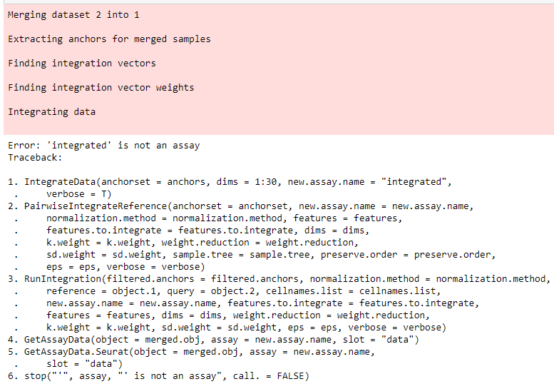 IntegrateData() throws error of non-existing 'integrated' assay · Issue #5695 · satijalab/seurat ...