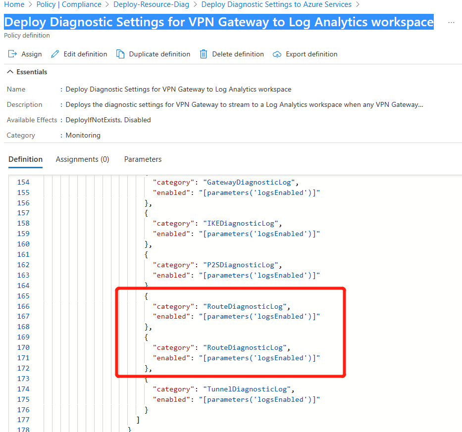 Duplicated log category in Azure policy "Deploy Diagnostic Settings for VPN Gateway to Log ...