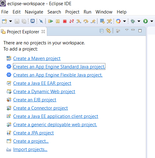 There are no projects in your workspace. Create an App Engine Project ...