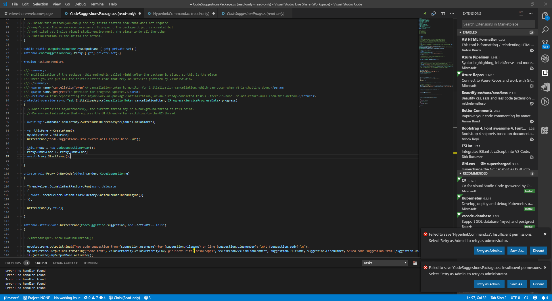 Connected to a readonly liveshare - when host saves error thrown on ...