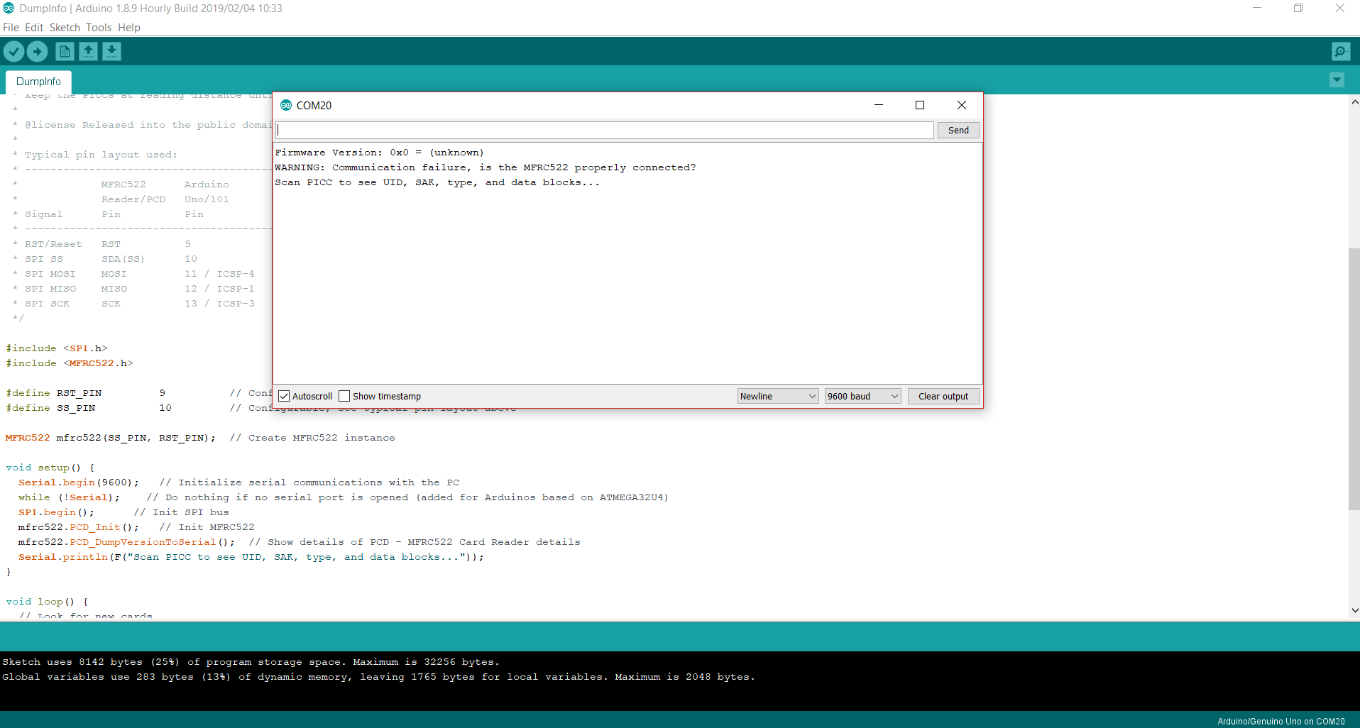 Firmware Version: 0x0 = (unknown) WARNING: Communication failure, is the MFRC522 properly ...