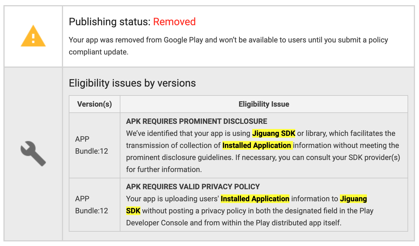 App is removed from Google Play since APK requires prominent disclosure and valid privacy policy ...