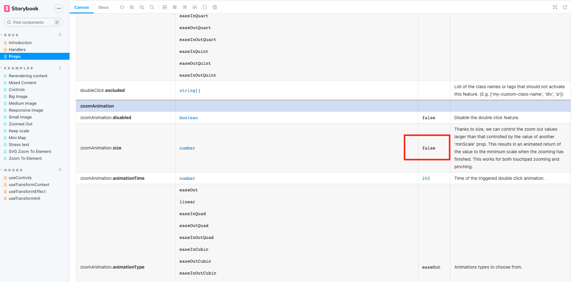 Fix storybook docs - default value for `zoomAnimation.size` should be `0.4`, not `false` · Issue ...
