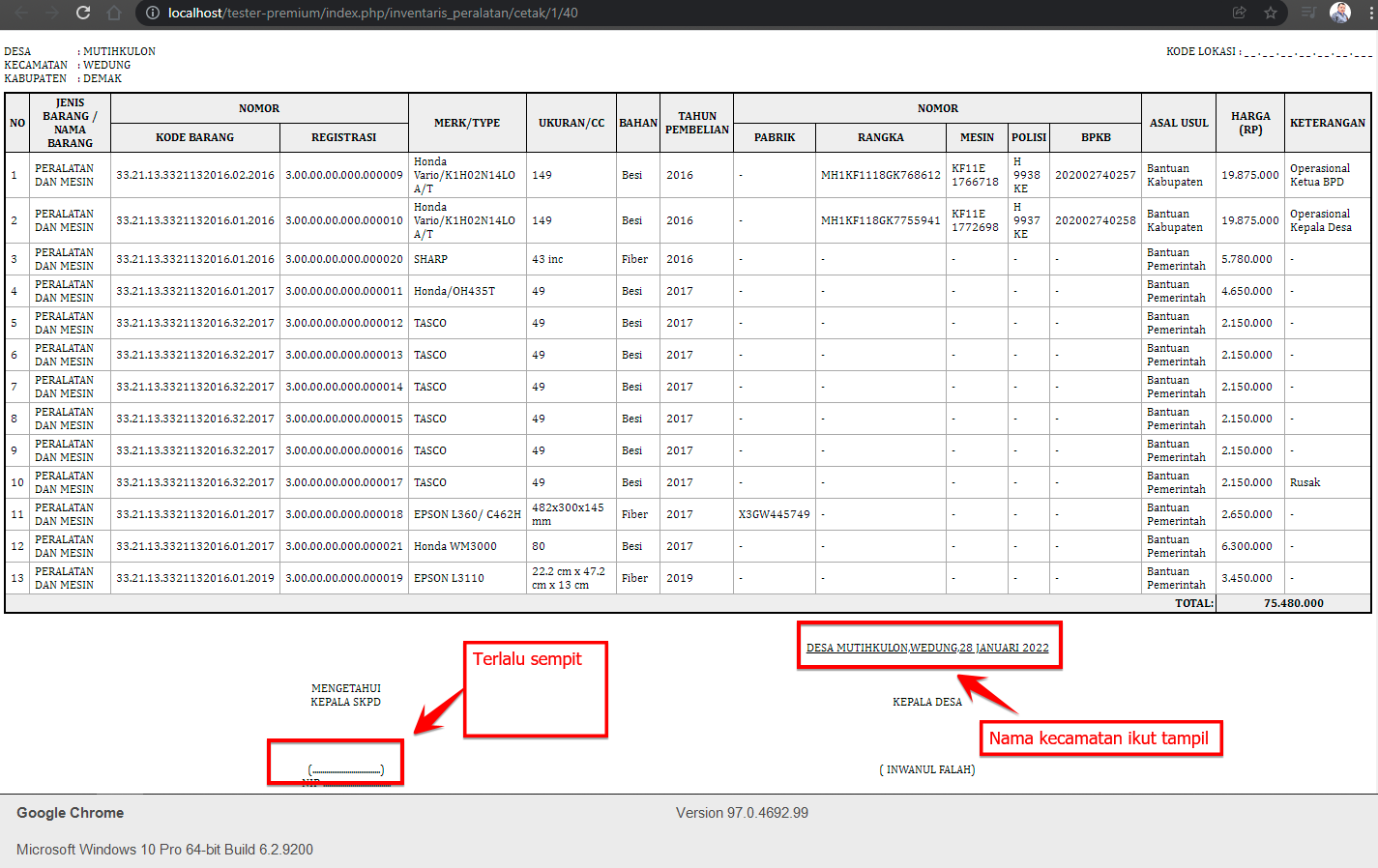 [PREMIUM] Bug/error: Nama kecamatan Ikut tampil dalam tempat dan tanggal laporan inventaris ...