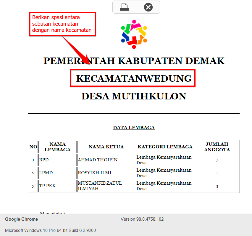 [PREMIUM] Bug/error: Pada cetak laporan lembaga tidak ada spasi antara sebutan kecamatan dan ...
