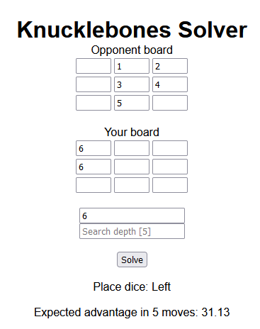 GitHub - AndreVallestero/knucklebones-solver: Knucklebones Solver using minimax and mean ...