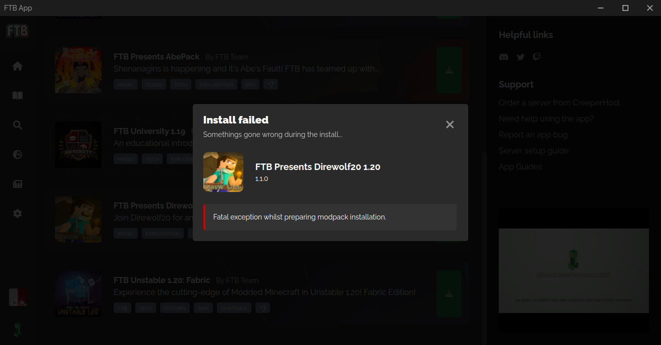 "Fatal exception" while trying to download pack · Issue #980 · FTBTeam/FTB-App · GitHub
