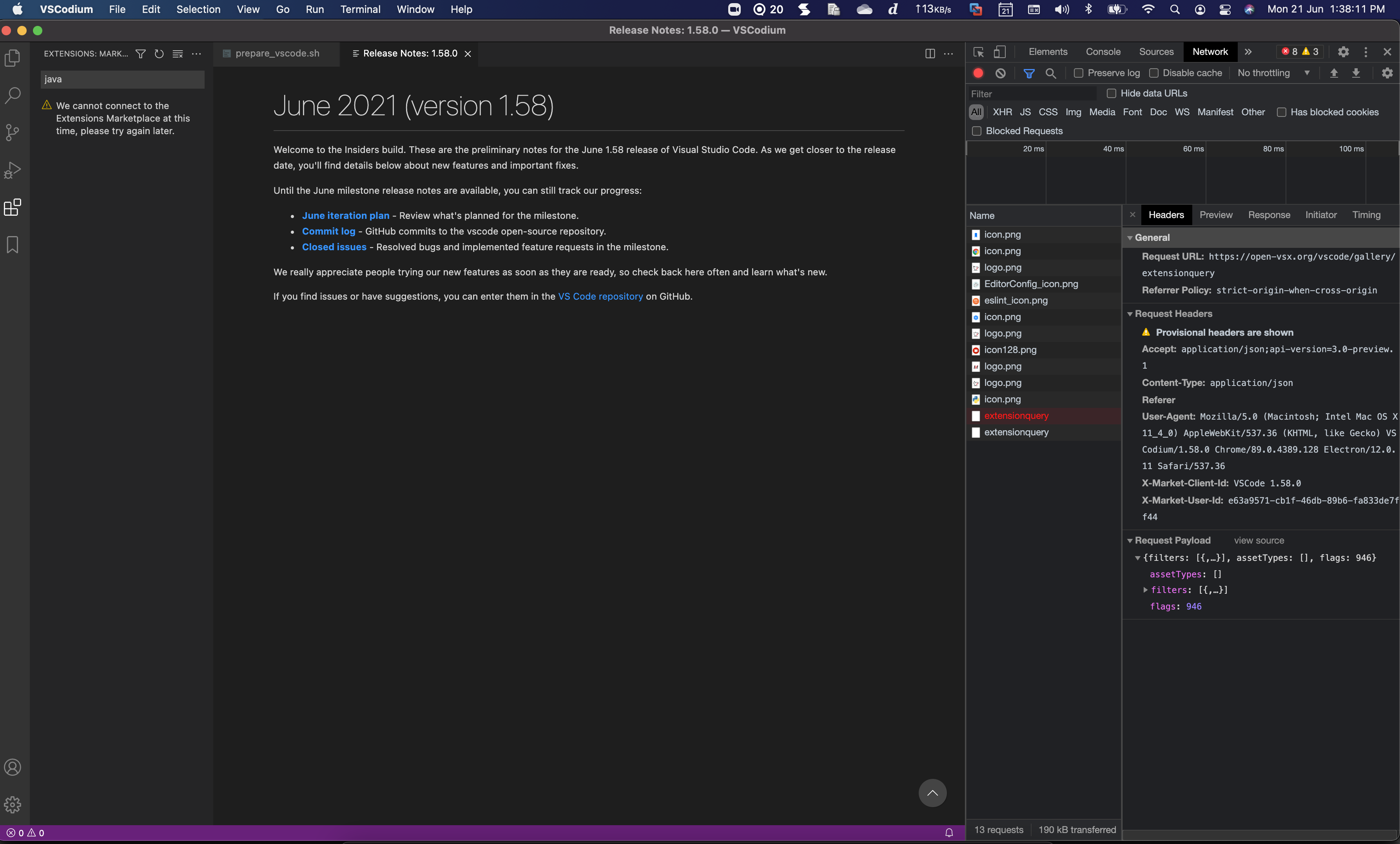 [1.58] Extension marketplace not working · Issue #746 · VSCodium/vscodium · GitHub