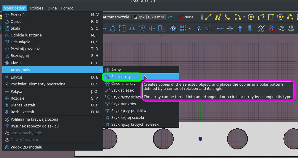 Draft → menu Modification / Array tools / Polar array (tool) · Issue #38 · FreeCAD/FreeCAD ...
