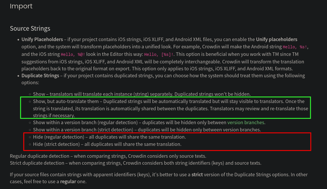 Crowdin Configuration Regarding Import → Source Strings → Duplicate Strings · Issue 252