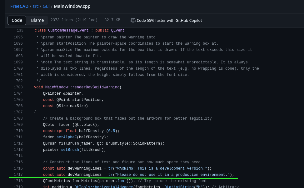 FreeCAD test version → Splash screen → "Please do not use it in a ...