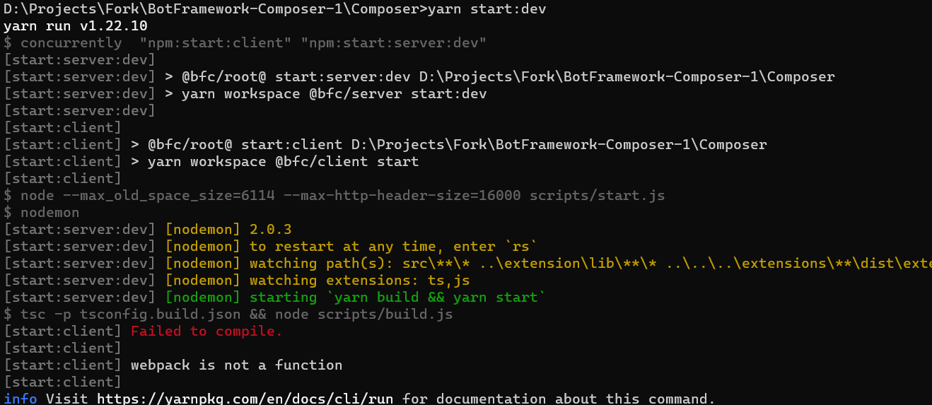 Yarn Start Dev Failed To Compile · Issue 6389 · Microsoft Botframework Composer · Github