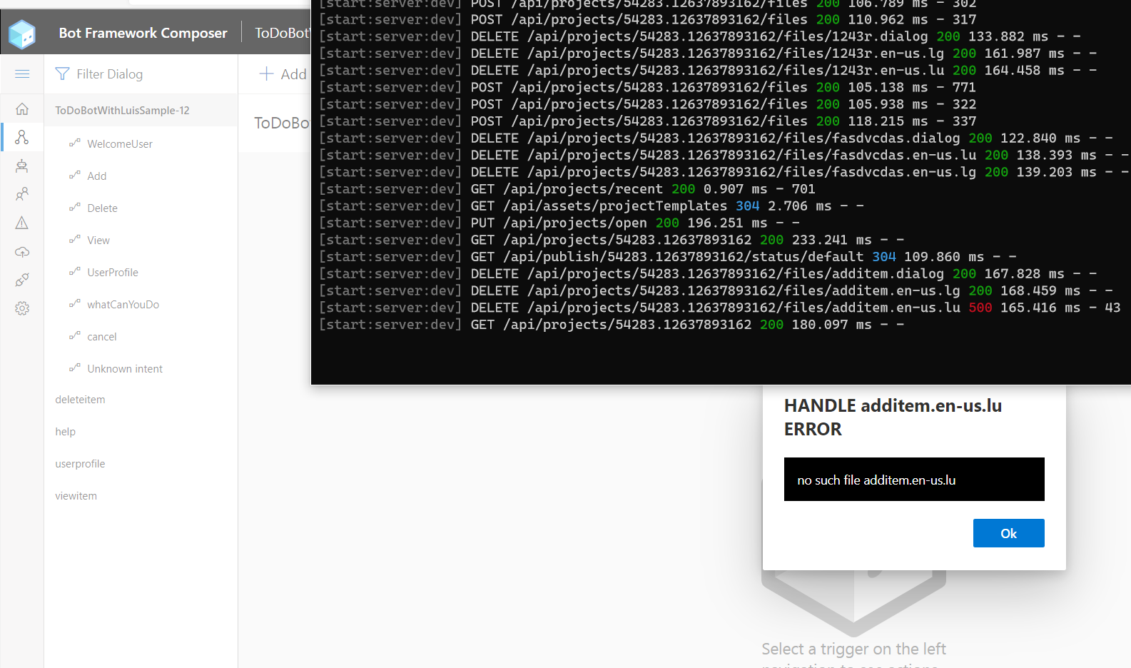 When delete a dialog, server throw an error · Issue #2793 · microsoft/BotFramework-Composer · GitHub