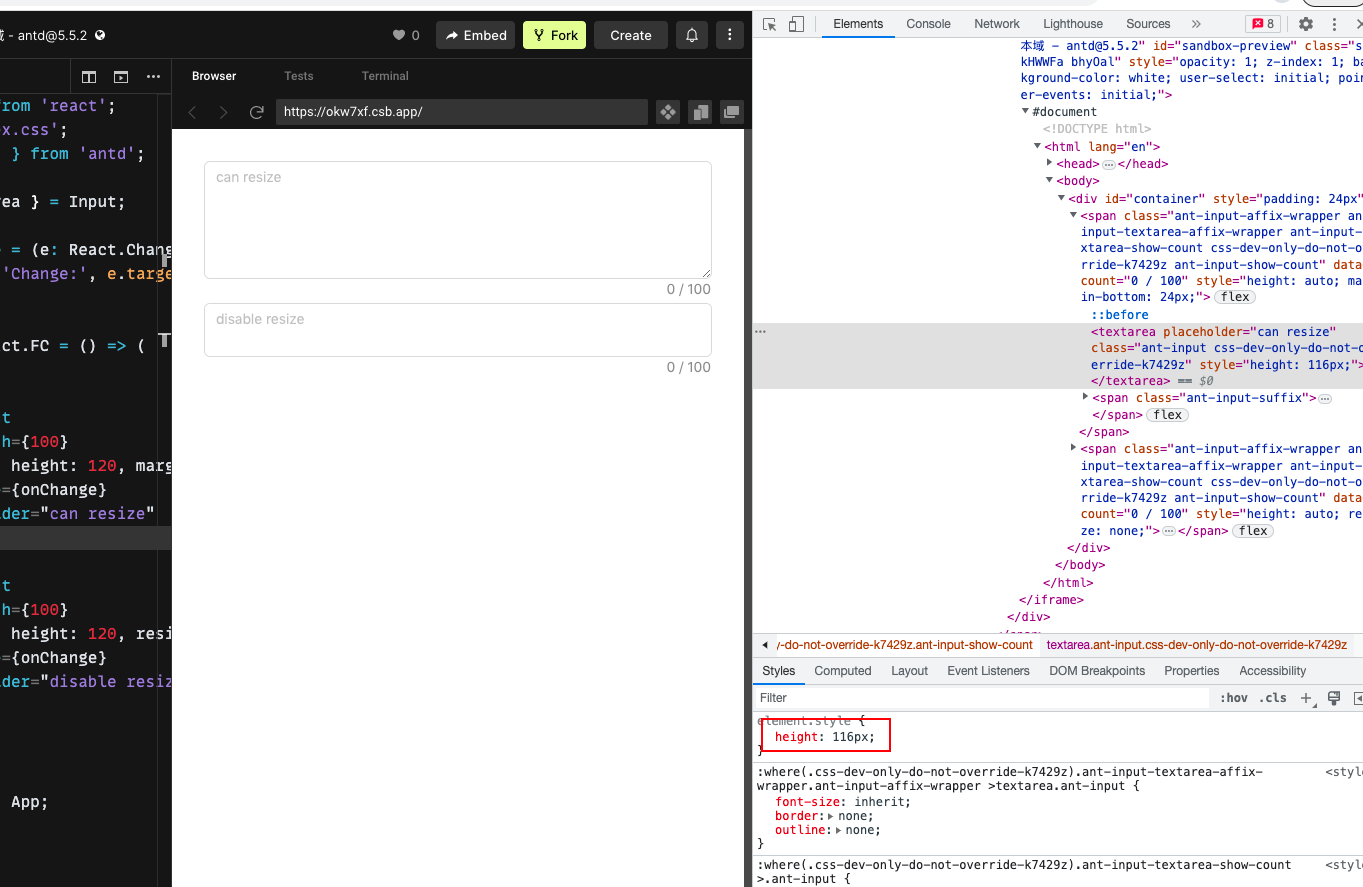5.x 版本的textarea 高度设置无效，初始化生效，页面宽度变动后直接变为height: auto; · Issue #42846 · ant-design/ant-design ...