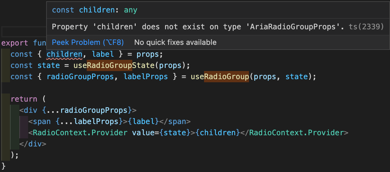 Property 'children' does not exist on type 'AriaRadioGroupProps' · Issue #1310 · adobe/react ...