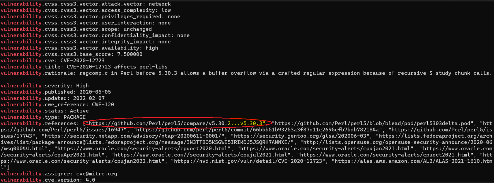 Alert generated has 'vulnerability.references' field with an incomplete ...