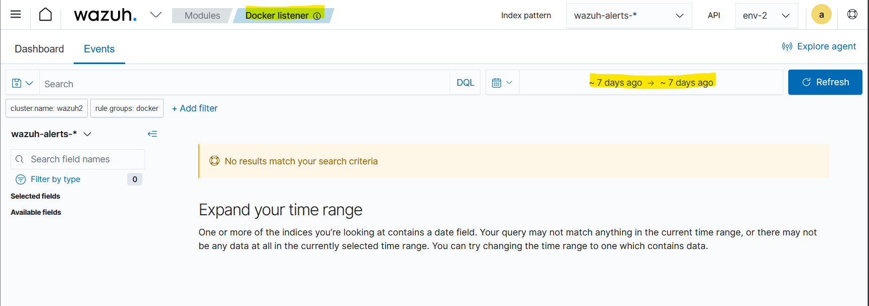 Does not show events in the 'Docker Listener', 'VirusTotal' and 'System Auditing' Modules when ...